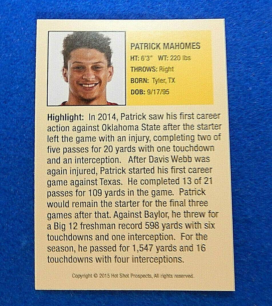 PATRICK MAHOMES Texas Tech Future Stars, 2015 Rookie NCAA Football Card ...