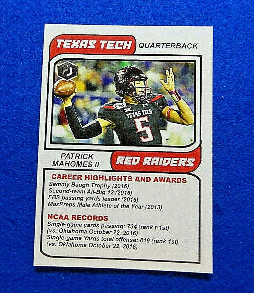 PATRICK MAHOMES Texas Tech Quarterback, ACEO 2014 Rookie NCAA Football ...