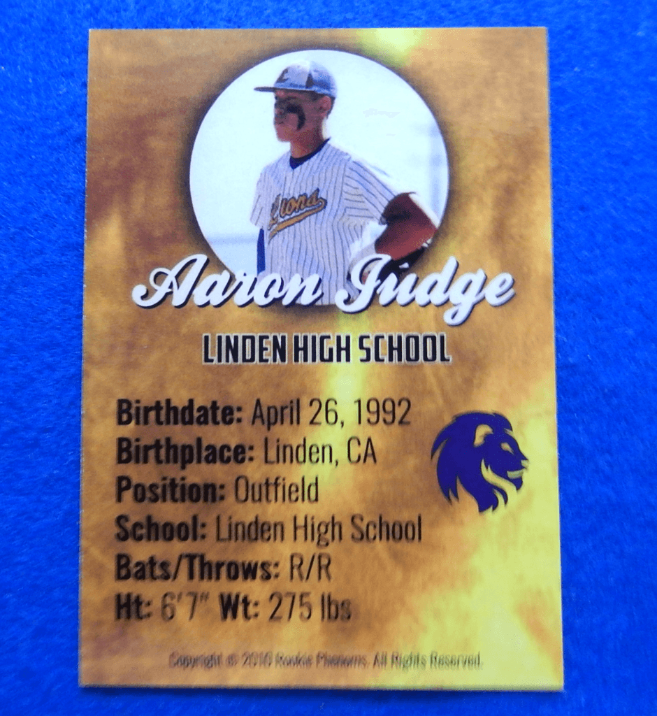 AARON JUDGE Linden High School 2010 Rookie Phenoms Gold Rookie Baseball ...