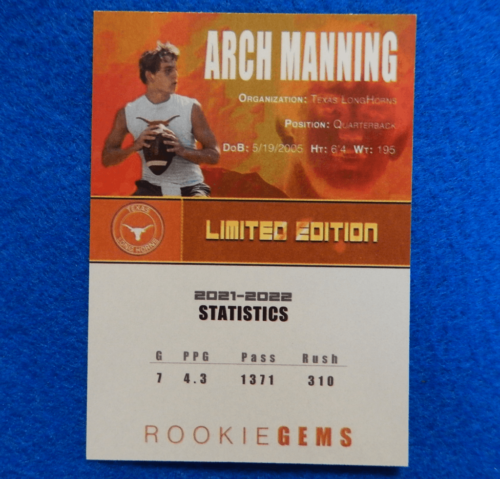 ARCH MANNING 2022 Texas Longhorns Rookie Gems Rookie Football Card NM ...