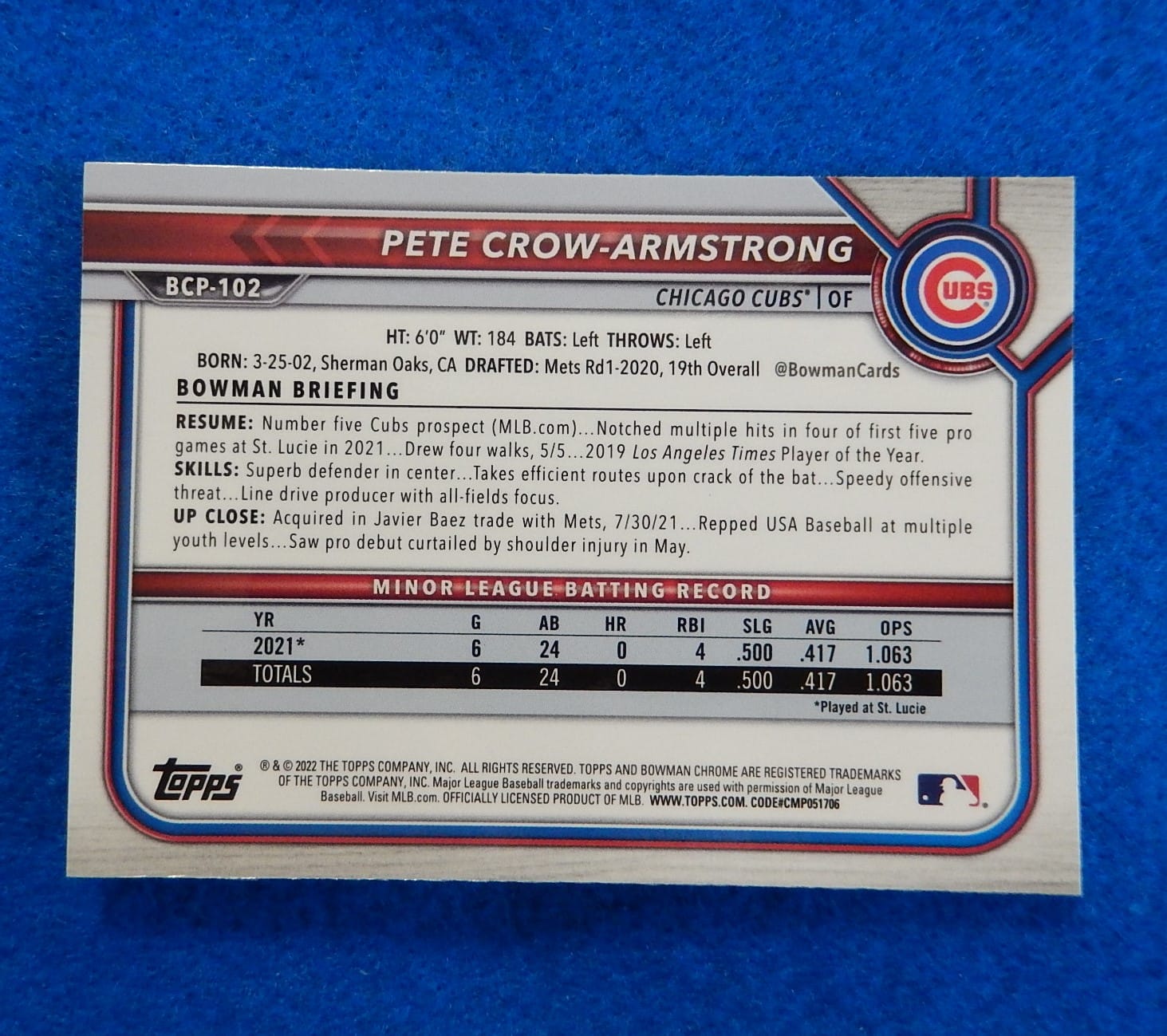 PETE CROW-ARMSTRONG 2022 Bowman Chrome Rookie Baseball Card #BCP-102 ...