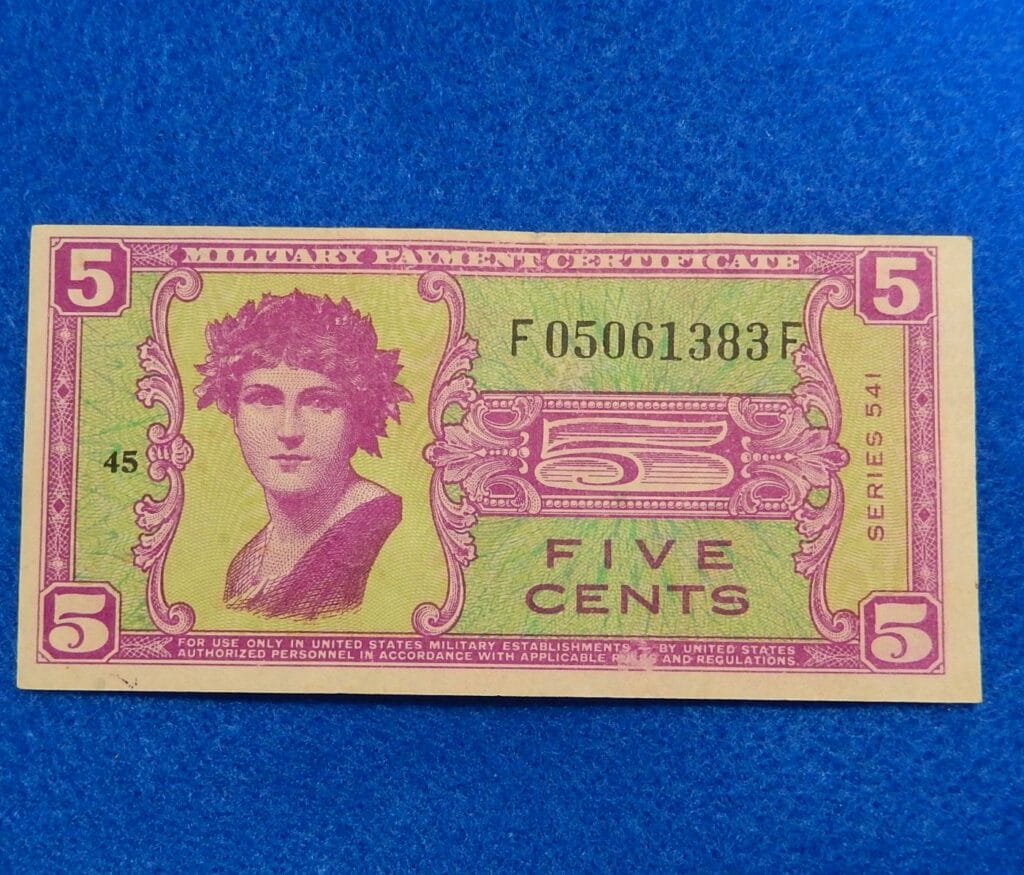 Series 541 Military Payment Certificate, 5 Cents, AU, 1952, Korean War ...